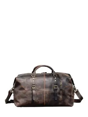 TOURI Genuine Leather Holdall Weekender With Zip Detail - Brown