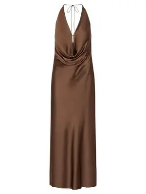 ROTATE BY BIRGER CHRISTENSEN ROTATE Halter Neck Deep V-Neck Long Dress Marrone