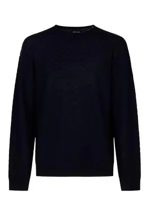 Giorgio Armani 100% Virgin Wool Textured Crew Neck Sweater - Navy