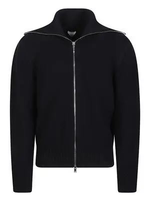 Bottega Veneta Black Wool Zip-up Sweater With Ribbed Details - Navy