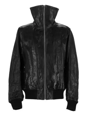 Rick Owens Leather Bomber Jacket With Stand Collar - Black