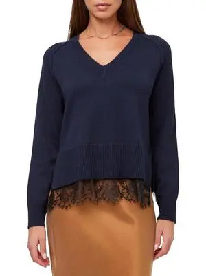 Fifteen Twenty V-neck Lace Trimmed Sweater - Navy