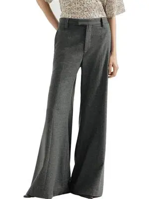 Brunello Cucinelli Virgin Wool And Cashmere Twill Flannel Wide Flare Trousers With Monili - Dark Grey