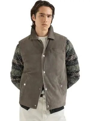 Brunello Cucinelli Suede Down Vest With Shirt-style Collar - Grey