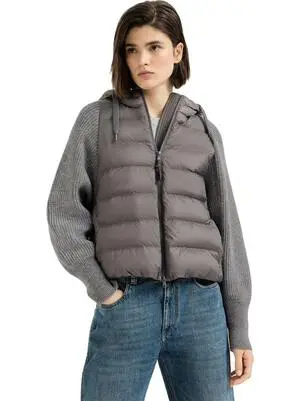 Brunello Cucinelli Water-resistant Matte Nylon Hooded Down Jacket With Monili And Virgin Wool Sleeves - Medium Grey
