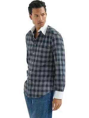 Brunello Cucinelli Cotton And Lyocell Tartan Flannel Shirt With Contrast Italian Collar And Cuffs - Denim