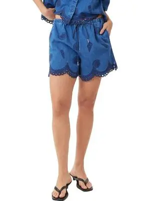 Habitual Seashell Scalloped Eyelet Hem Shorts - Medium Blue