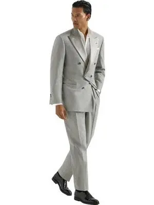 Brunello Cucinelli Cashmere And Silk Lightweight Flannel Tuxedo One-and-a-half Breasted Jacket And Trousers With Double Pleats And Waist Tabs - Light Grey