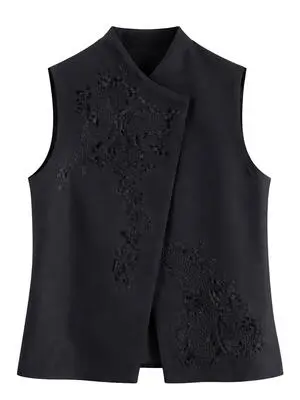 MUTE BY JL Sleeveless Wool Silk Embroidery Wrap Top - Black