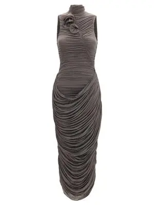 Magda Butrym Magda Butrym Draped High-Neck Midi Dress With Floral Appliqué Grey