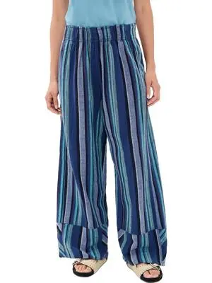 Free People Linen Stripe Wide Leg Pants - Navy Combo