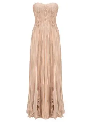 MARMAR HALIM Shirred Chiffon Strapless Maxi Dress - Neutral