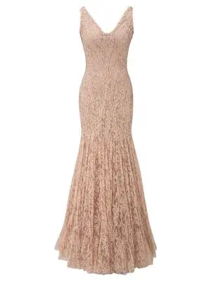 MARMAR HALIM Pleated Lace Mermaid Maxi Dress - Neutral