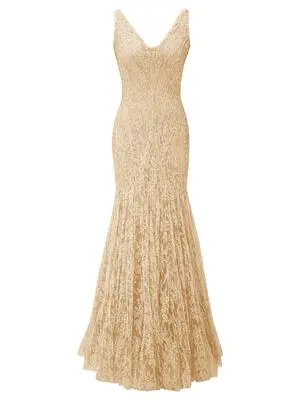 MARMAR HALIM Pleated Lace Mermaid Maxi Dress - Yellow