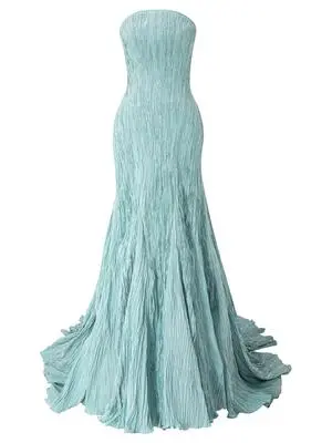 MARMAR HALIM Strapless Pleated Taffeta Mermaid Gown - Light Blue