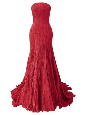 MARMAR HALIM Strapless Pleated Taffeta Mermaid Gown - Red