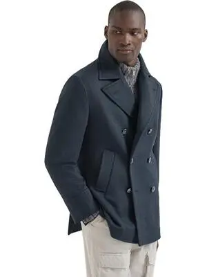 Brunello Cucinelli Wool And Cashmere Cavalry Pea Coat With Metal Buttons - Blue