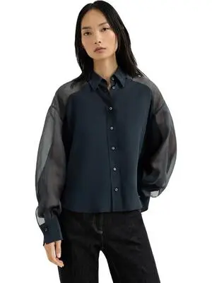 Brunello Cucinelli Silk Crêpe De Chine Paneled Shirt With Monili - Blue