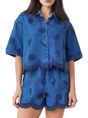 Habitual Seashell Embroidered Cropped Shirt - Medium Blue