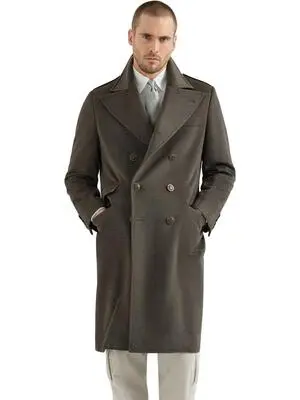 Brunello Cucinelli Lightweight Virgin Wool Cloth One-and-a Half Breasted Coat With Peak Lapels - Mud