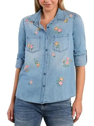 BILLY T Sunset Floral Embroidered Shirt - Washed Blue