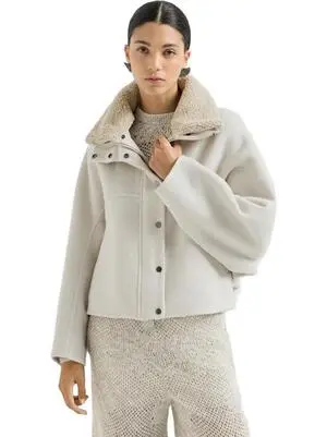 Brunello Cucinelli Hand-crafted Virgin Wool And Cashmere Double Cloth Jacket With Detachable Shearling Collar - Ivory