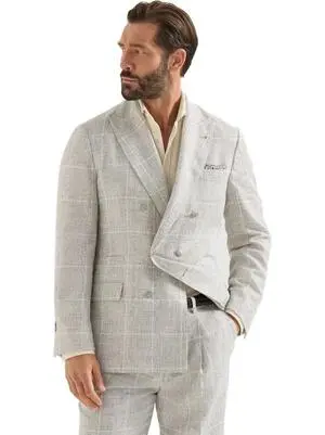 Brunello Cucinelli Linen Prince Of Wales One-and-a-half Breasted Deconstructed Blazer With Metal Buttons - Panama