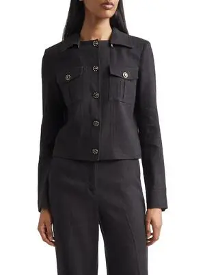 St. John Linen Blend Cropped Trucker Jacket - Black