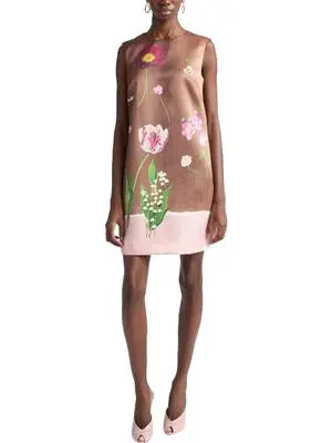 Oscar De La Renta Mixed Botanical Print Satin Mini Dress - Blush/brown