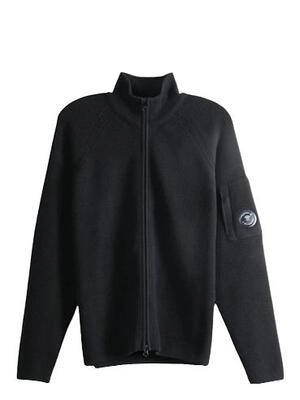 C.P. COMPANY Waffle Knit Cotton Zip Lens Cardigan - Black