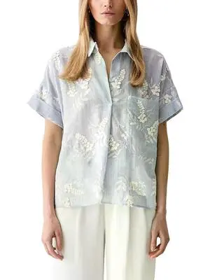 VICOLO Striped Floral Embroidered Shirt - Blue