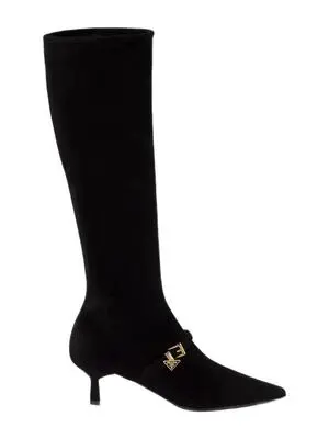 Prada Stretch Suede Pointed Toe Knee-high Boots With Kitten Heel - Black