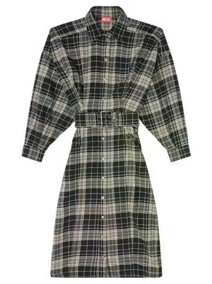 DIESEL® Midi Dress In Checked Flannel With Wide Belt - Black