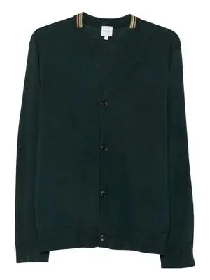 Paul Smith Merino Wool V-neck Cardigan With Artist Stripe Trim - Green