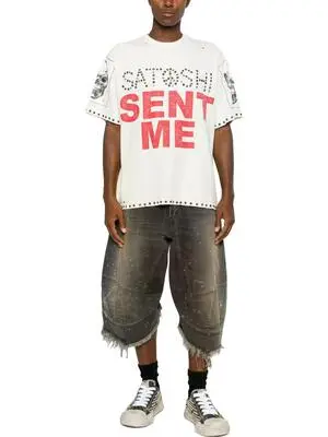 SATOSHI NAKAMOTO Stud-embellished Skull-print T-shirt - Neutrals