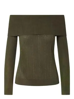 Liu Jo Wool Bardot Sweater With Micro Studs And Side Slit - Green