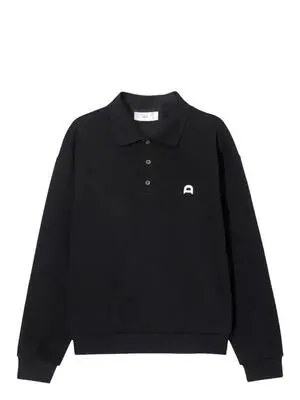 DUNST Leather Logo-patch Long Sleeve Polo Shirt - Black