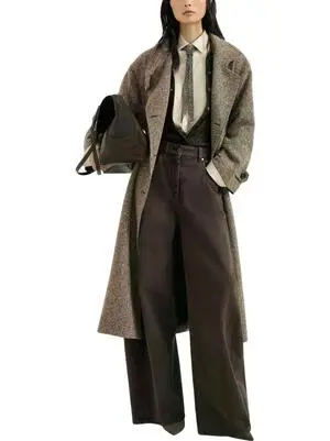 Brunello Cucinelli Sparkling Virgin Wool Chevron Belted Coat With Monili - Brown