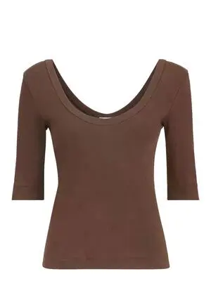 Brunello Cucinelli Stretch Cotton Ribbed Jersey T-shirt With Monili Decoration - Brown