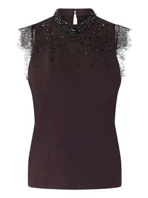 Liu Jo Rhinestone And Lace Embellished High Neck T-shirt - Brown