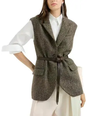 Brunello Cucinelli Chevron Pattern Belted Virgin Wool Vest - Brown