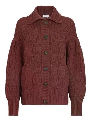 Brunello Cucinelli Brunello Cucinelli Cashmere Feather-Yarn Heritage Cable Cardigan Red