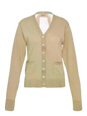 N°21 Beige Cotton V-neck Cardigan With Floral Lace Panel - Neutrals