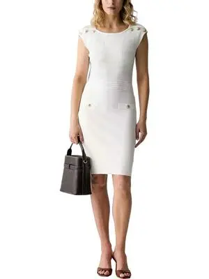 Guess Ribbed Knit Button Detail Midi Dress - White
