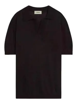 A PAPER KID Fine-knit Open-collar T-shirt - Black