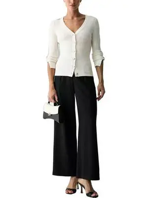 Guess Ribbed Knit V-neck Cardigan With Rhinestone Logo - Neutrals