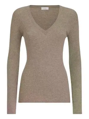 BRUNELLO CUCINELLI Brunello Cucinelli Sparkling Cashmere Ribbed V-Neck Sweater