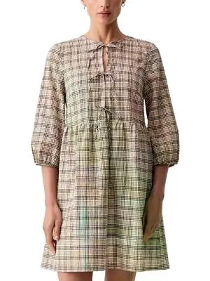 Marc O'polo Checked Tie-fastening Mini Dress - Neutrals