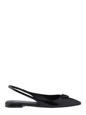 Prada Brushed Leather Ballerina Slingbacks With Triangle Logo - Black