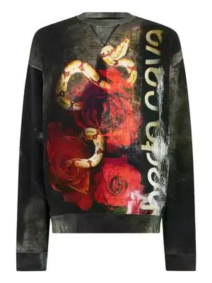 Roberto Cavalli Rose Print Crew Neck Sweater - Black